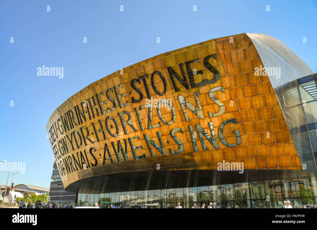Water feature with fountain in Cardiff Bay with the world class Wales ...