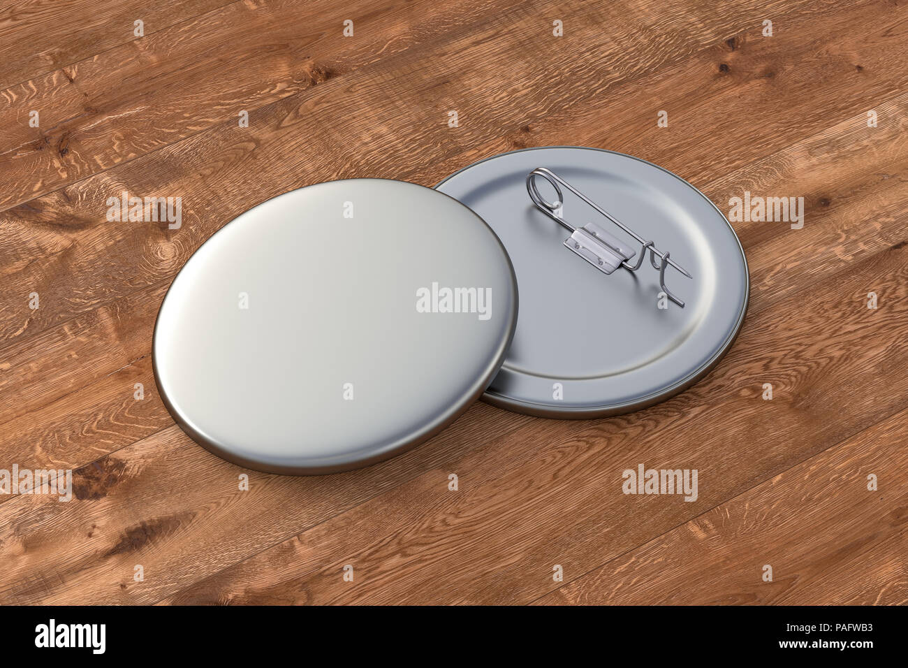 Blank metal badge pin brooch isolated on wooden background. 3d ...