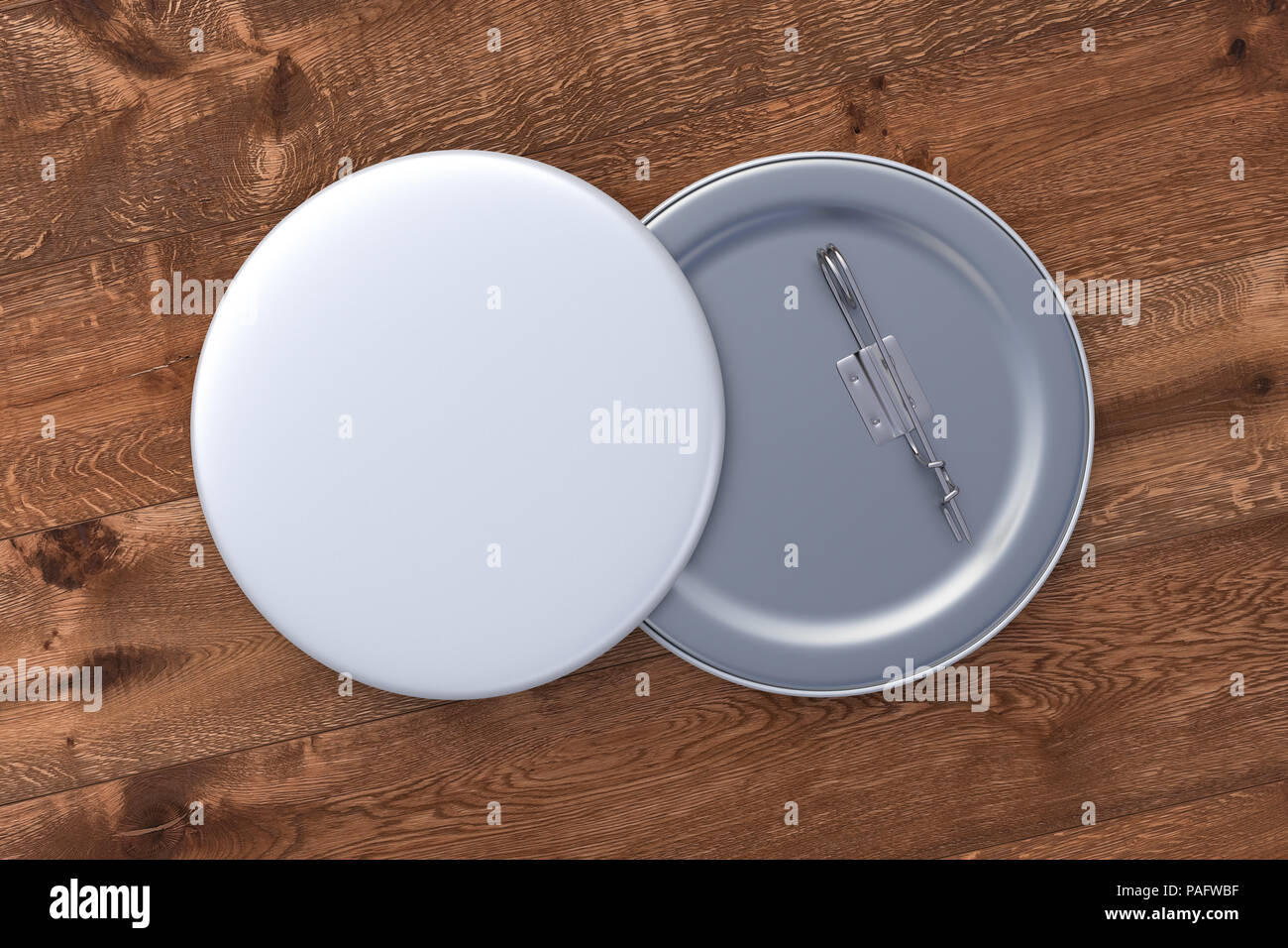 Blank badge pin brooch isolated on wooden background. 3d illustration ...