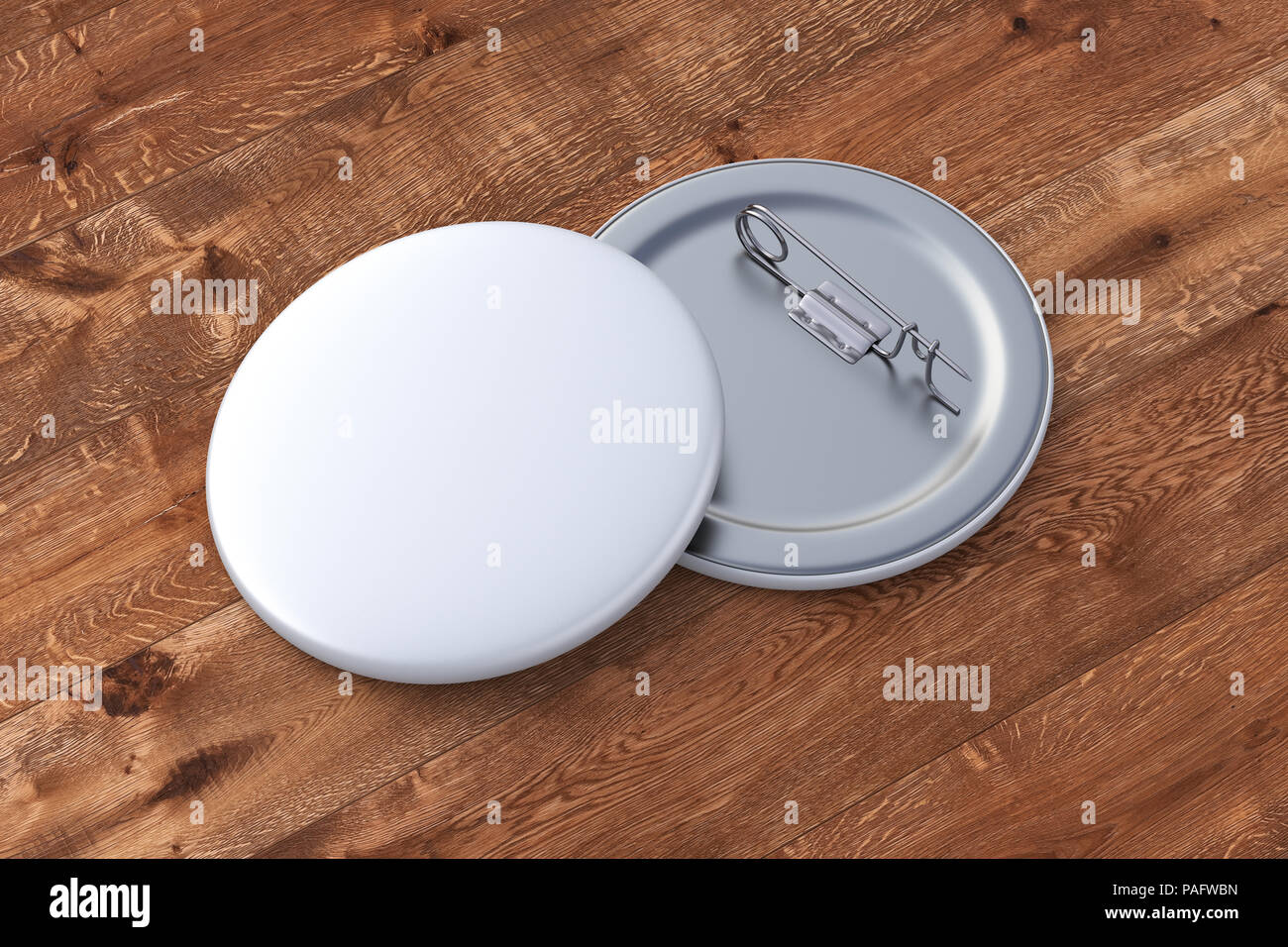 Blank badge pin brooch isolated on wooden background. 3d illustration ...