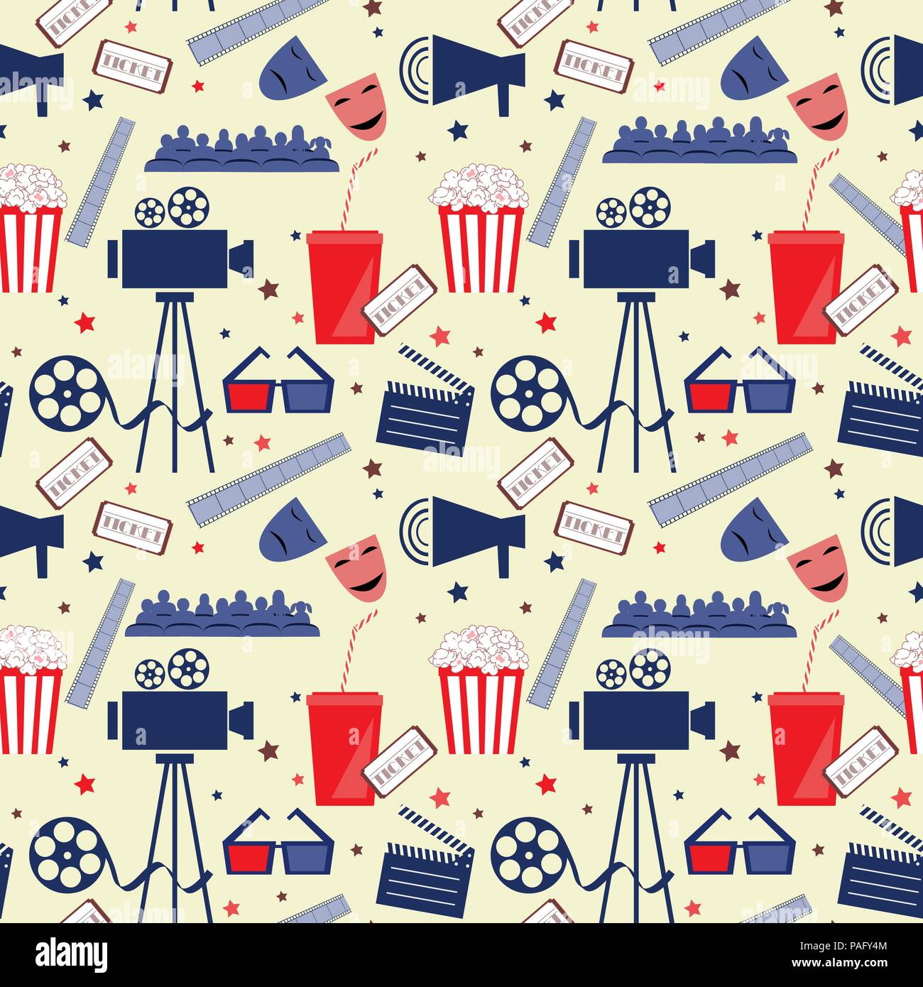 Vector flat seamless pattern with cinema attributes. Movie background ...