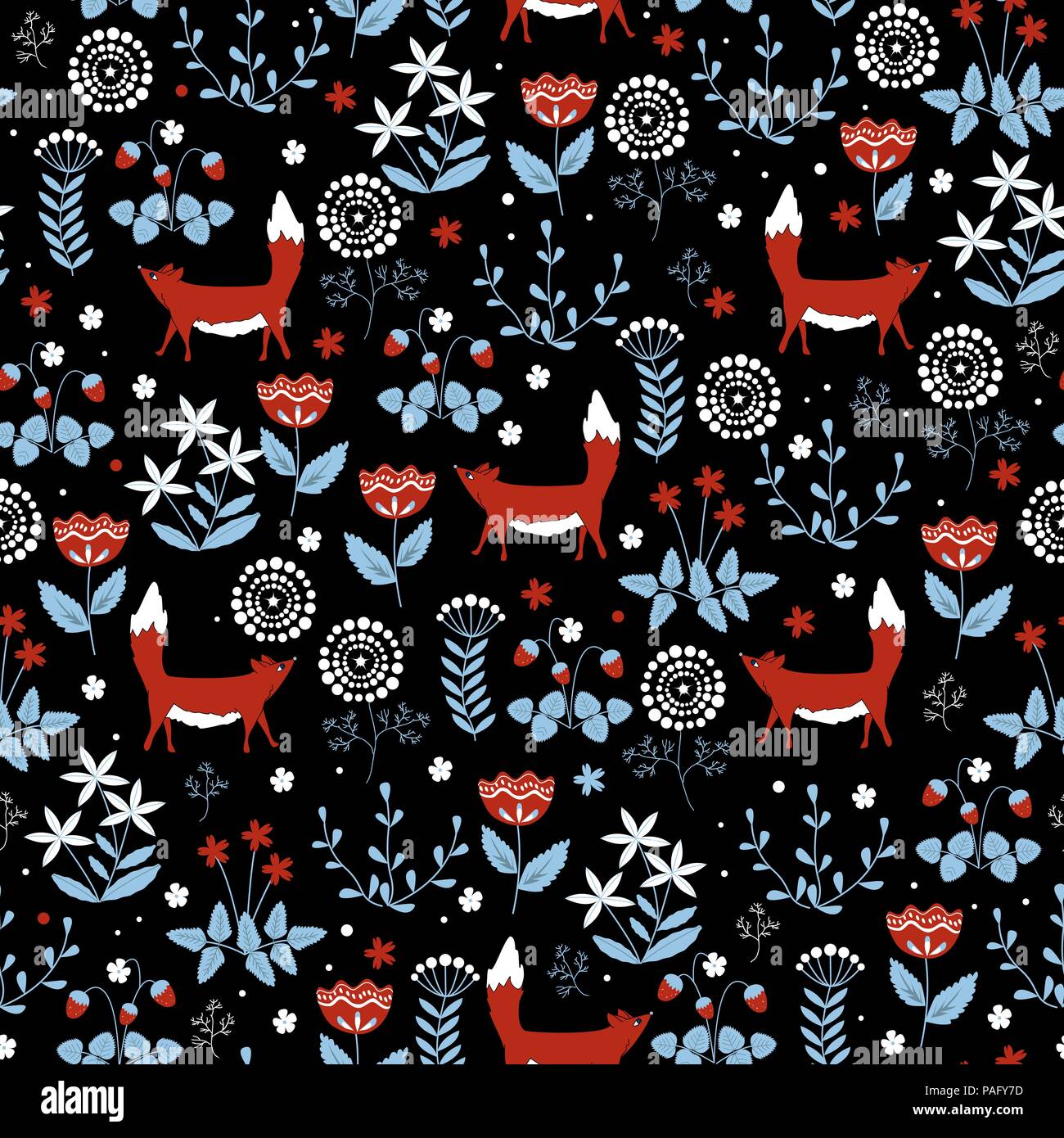 Seamless pattern with cute red foxes on the doodle flower background ...