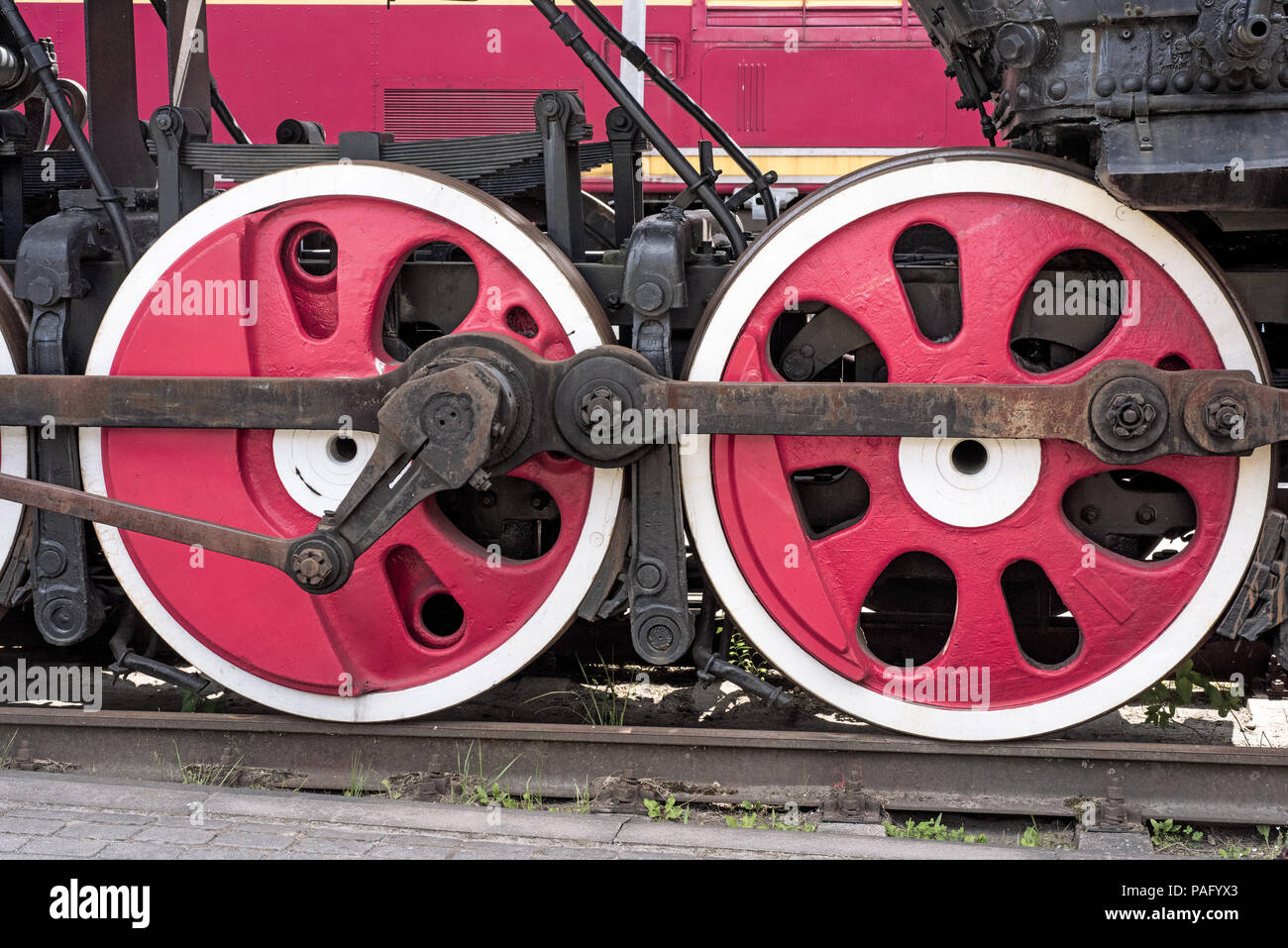 Old big historical train. Metal locomotive construction Stock Photo - Alamy