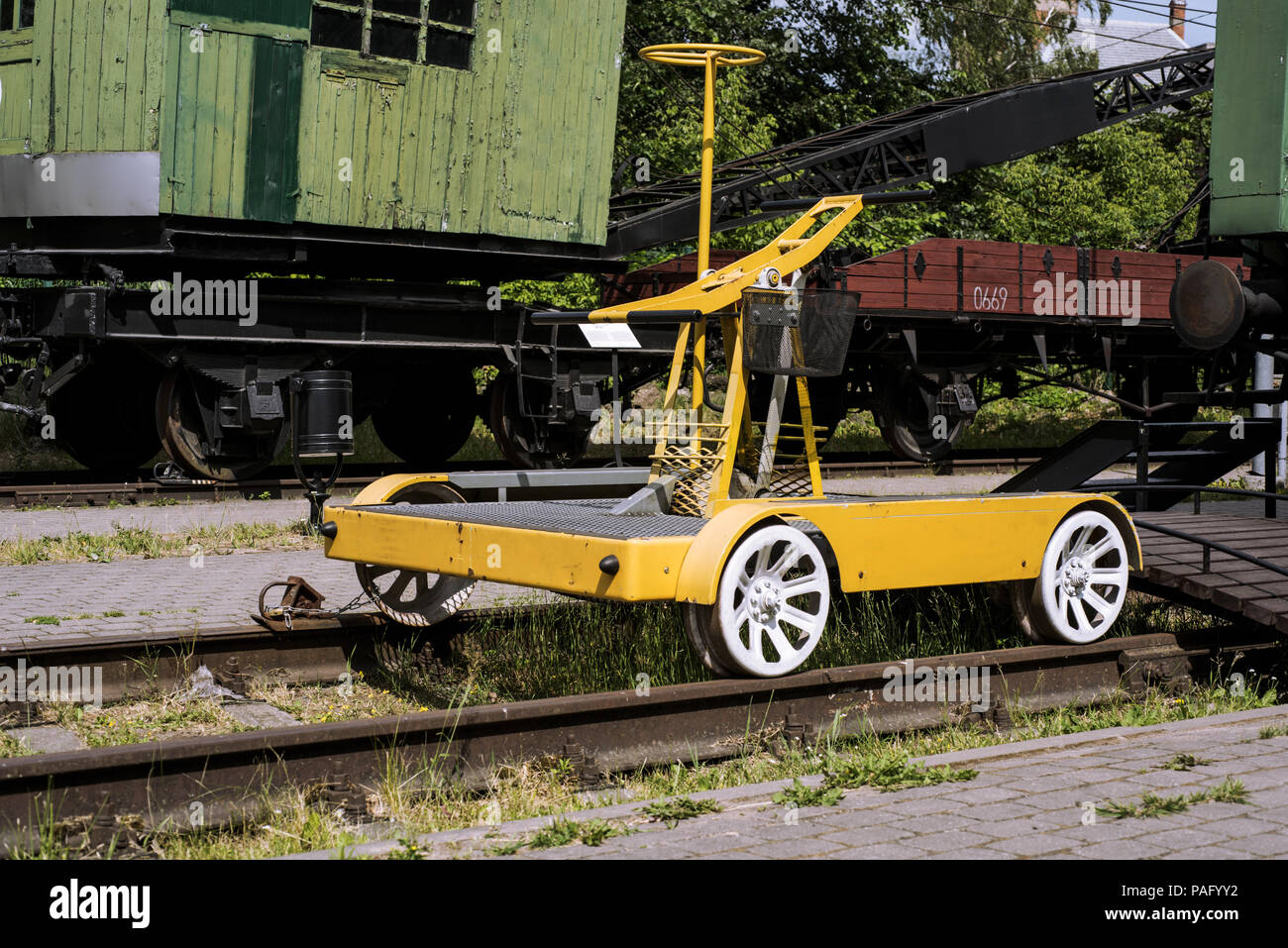 Old small historical train. Metal locomotive construction Stock Photo ...