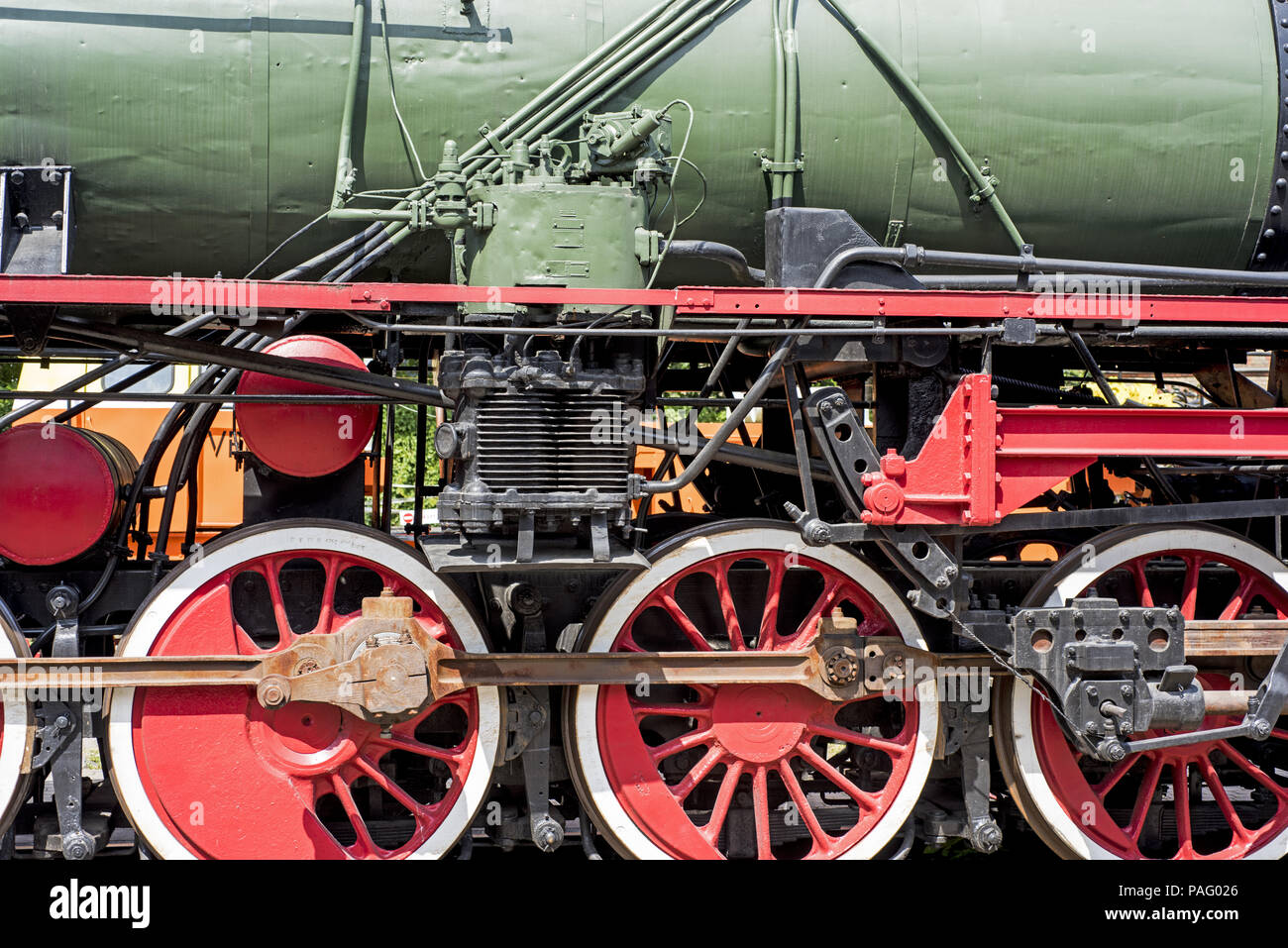 Old big historical train. Metal locomotive construction Stock Photo - Alamy