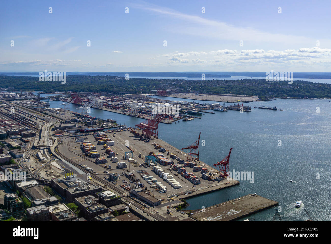 Aerial view of the Seattle Harbor on a sunny day, Puget Sound ...