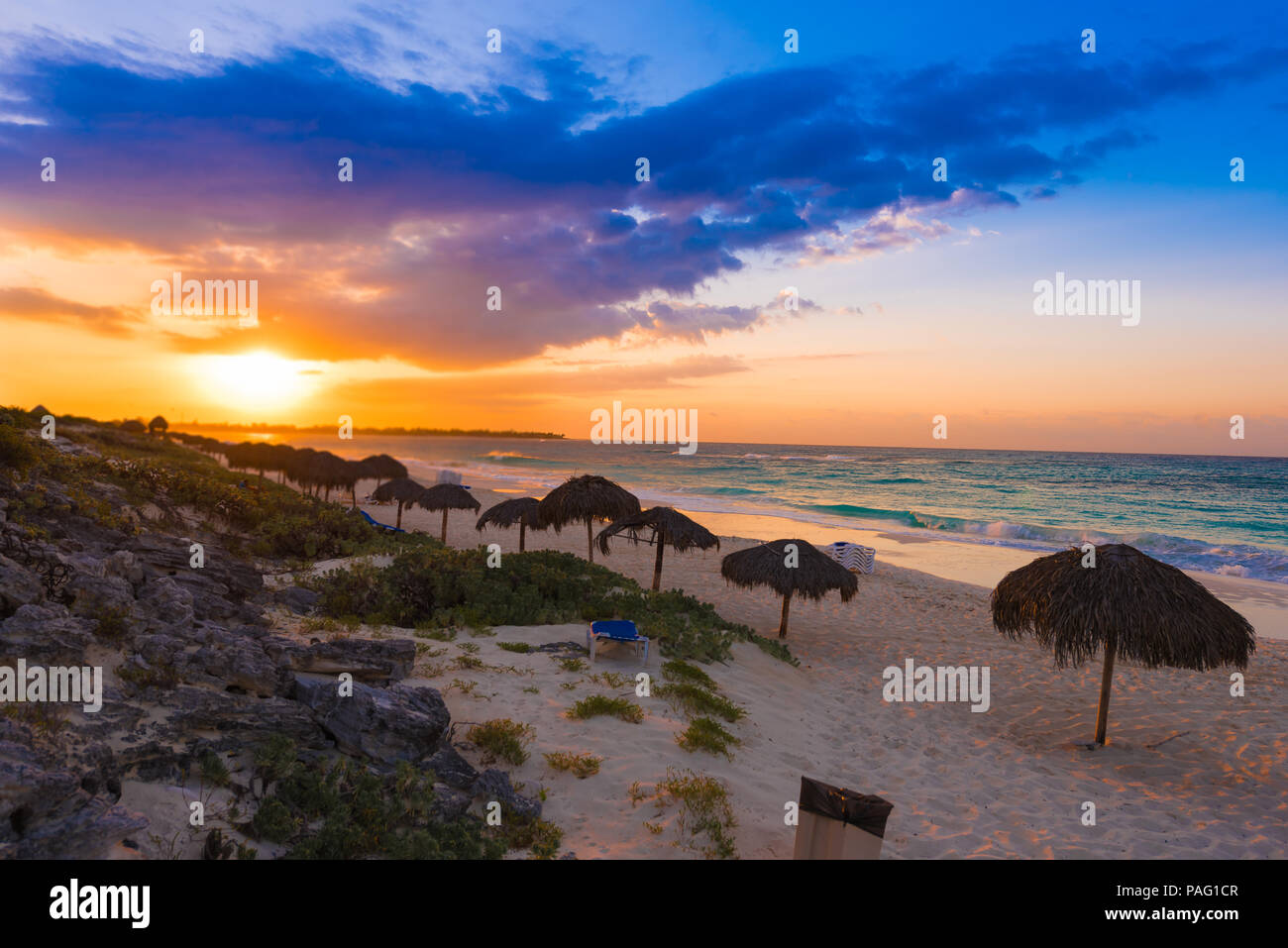 Sunrise on the sandy beach of island of Cayo Largo, Cuba Stock Photo ...