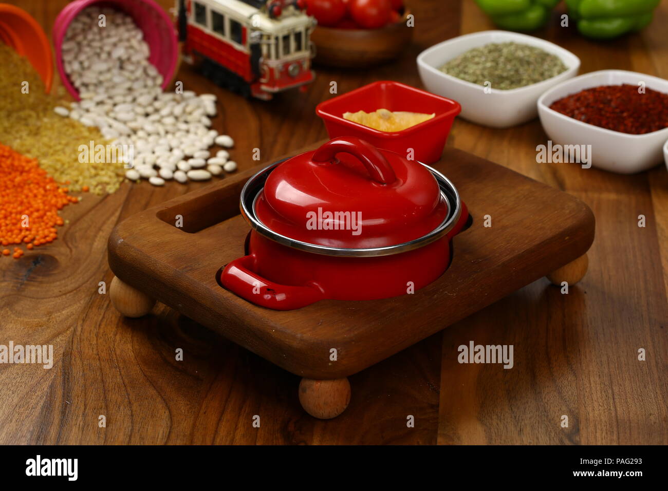 Lentil soup in red pot Stock Photo - Alamy