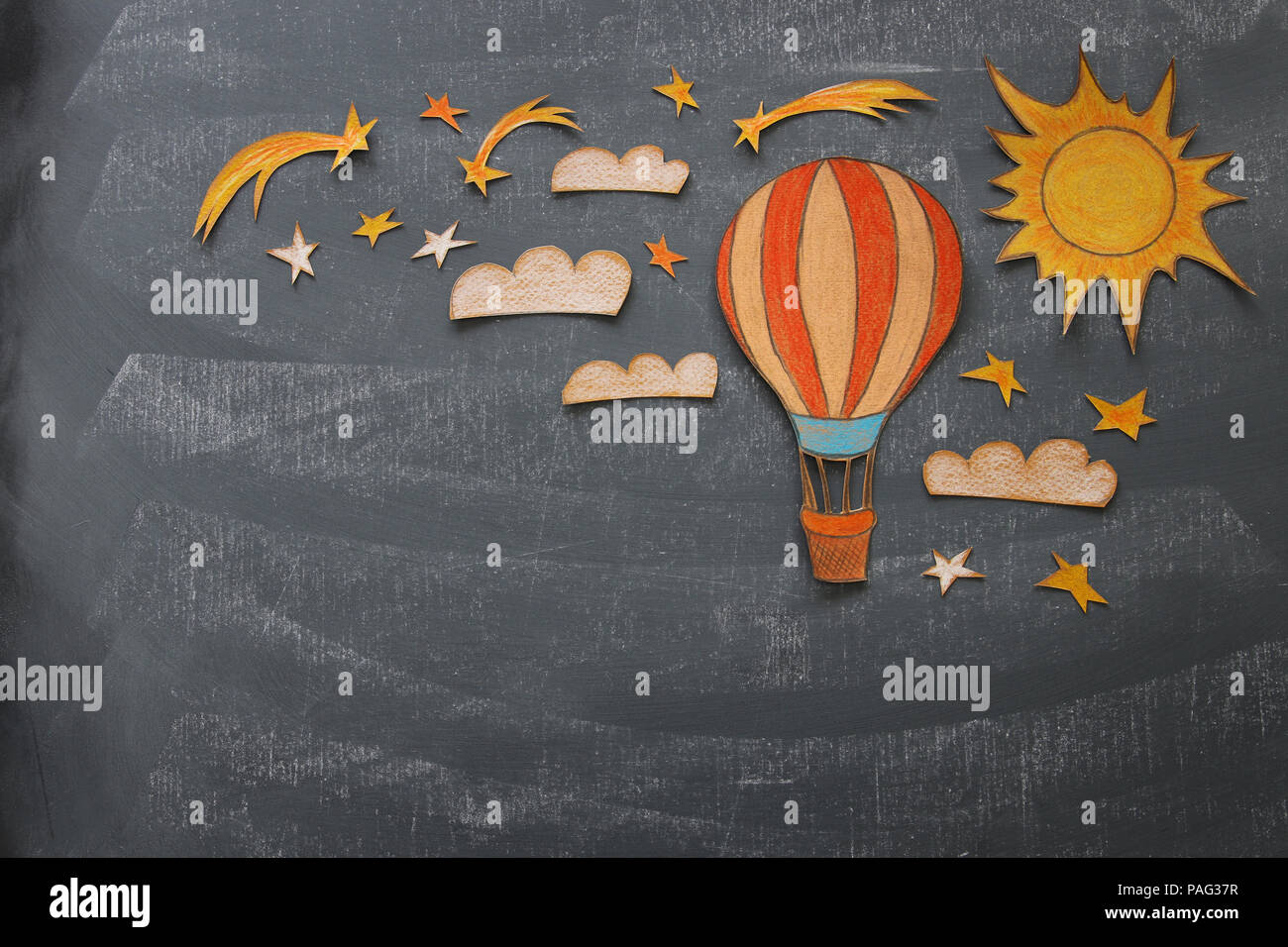 Back to school concept. Hot air balloon, space elements shapes cut from ...