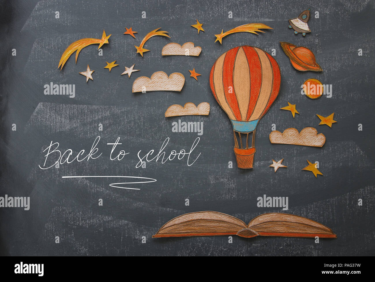 Back to school concept. Hot air balloon, space elements shapes cut from ...