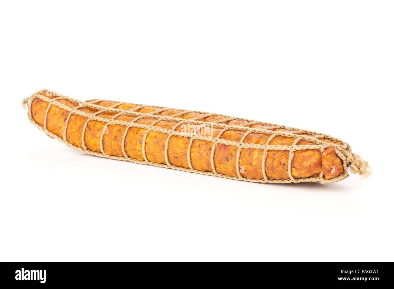Group of two whole dry smoked ham sausage side view isolated on white ...