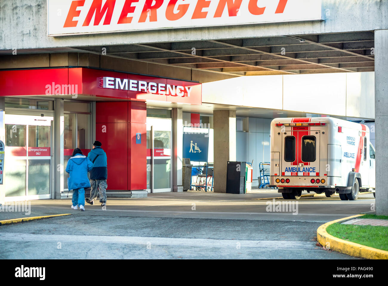 Patients go to the hospital to an emergency entrance, an ambulance and ...