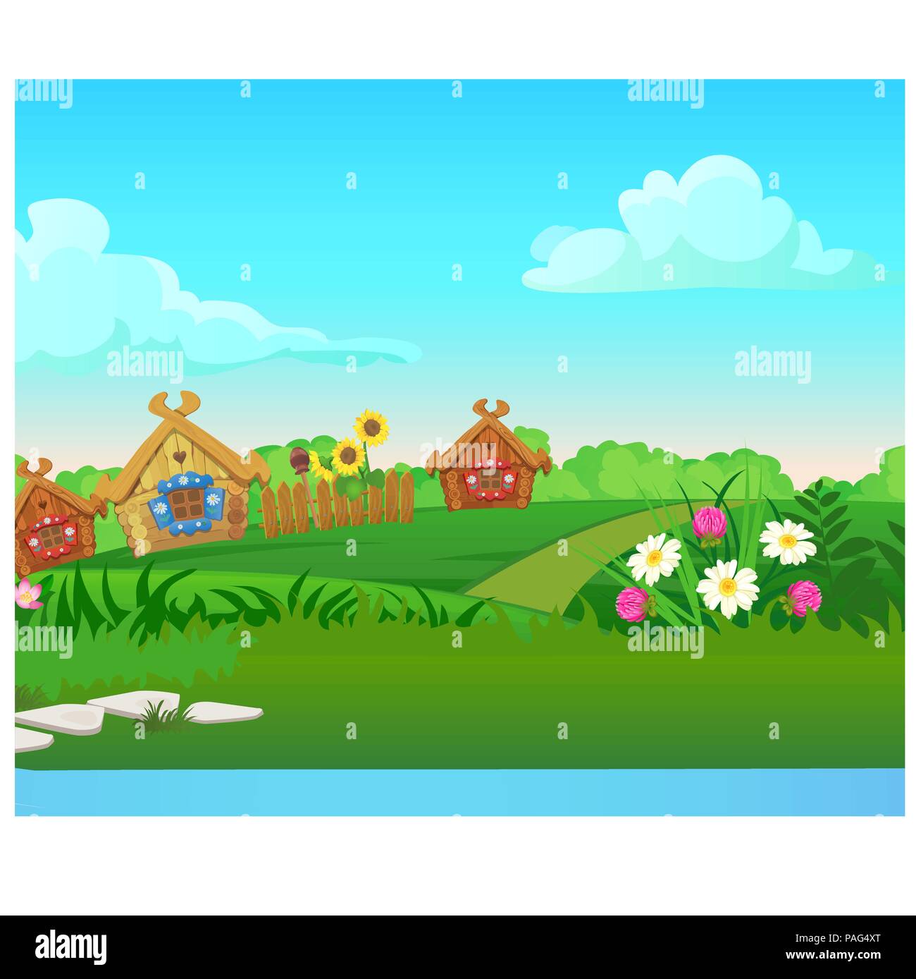 Cute poster with wooden country houses, grassy meadow. Vector cartoon ...