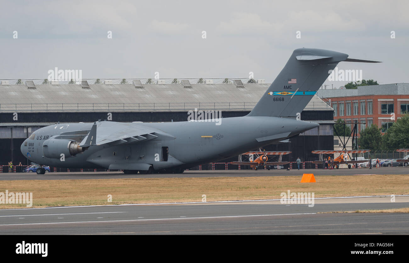 Boeing C-17 Globemaster III military transport aircraft of the US Air Force arrives at ...