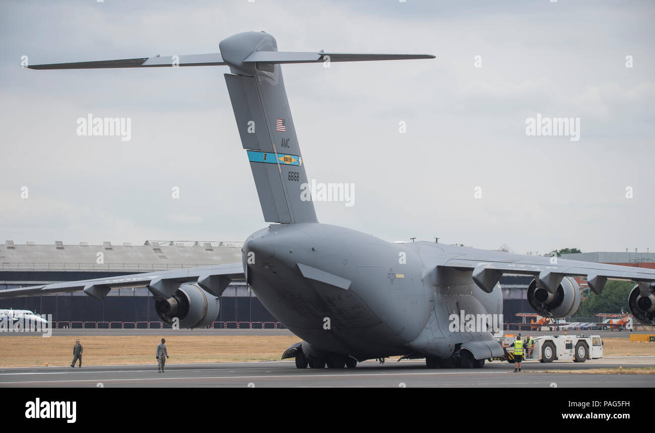 Boeing C-17 Globemaster III military transport aircraft of the US Air Force arrives at ...