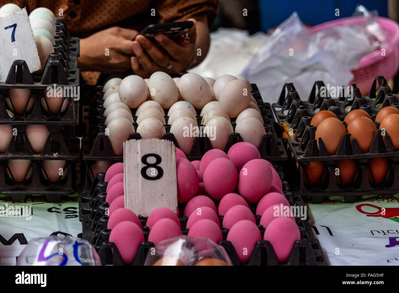 Bangkok, Thailand - May 1, 2018: Pink colored eggs sold in a market in ...