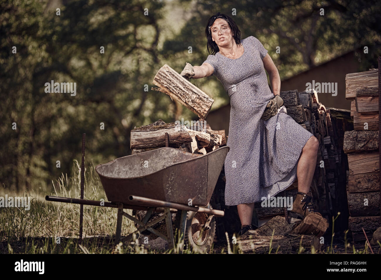 A pergnant woman in a dress throwing wood into a wheelbarrow on a ranch ...