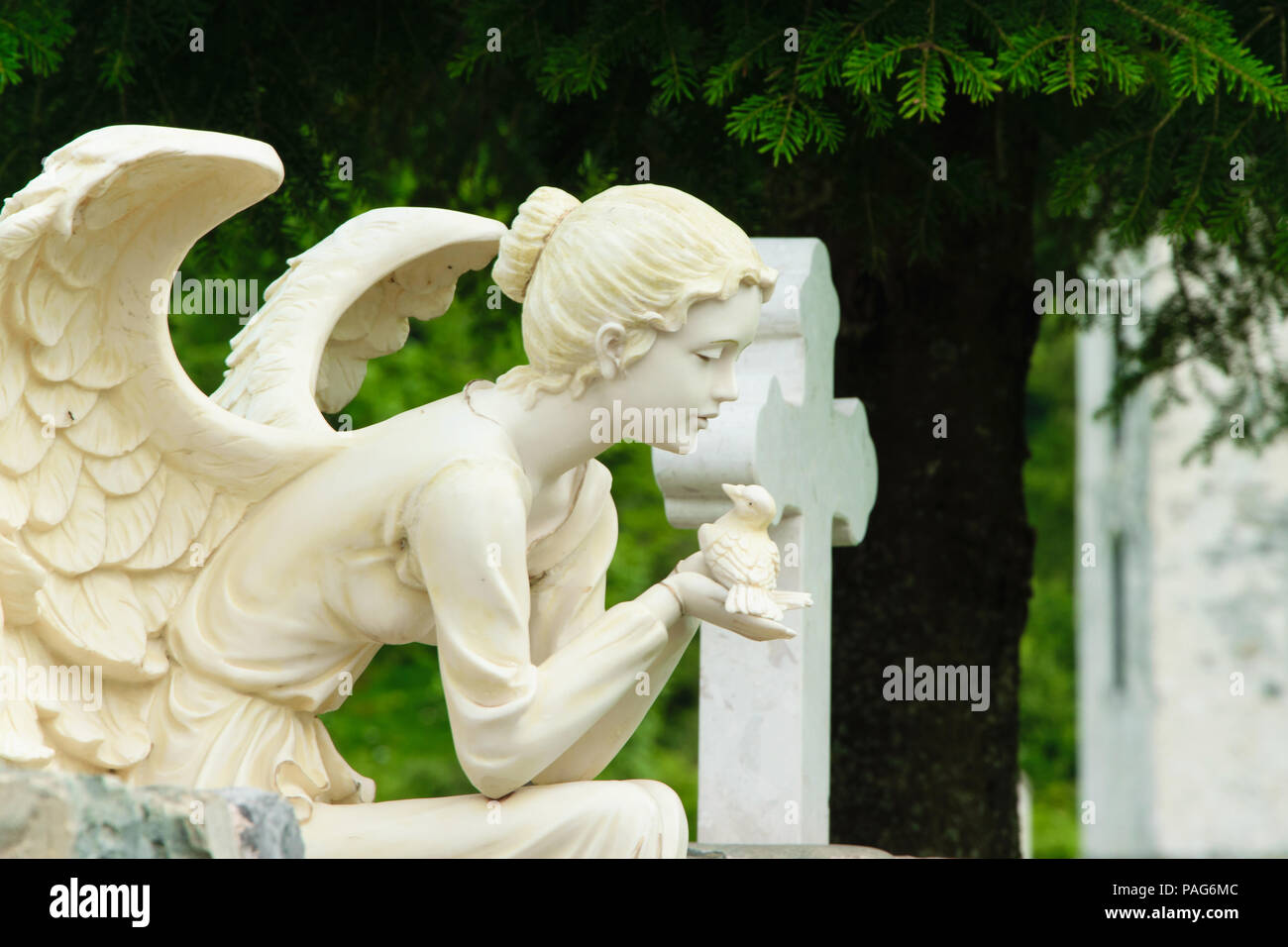 Marble sculpture of female angel sitting on the rock and holding a bird ...
