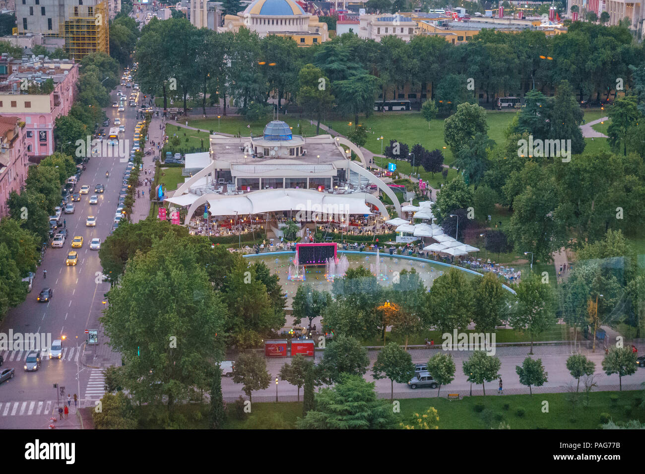 Areal cityscape view of Tirana city center at sunset. Modern ...