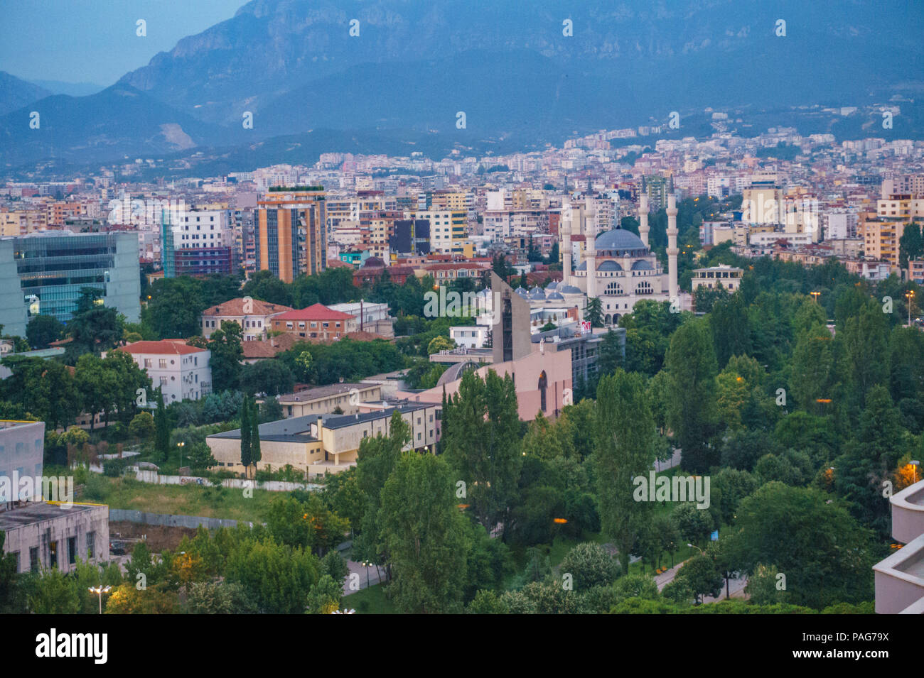 Areal cityscape view of Tirana city center at sunset. Modern ...