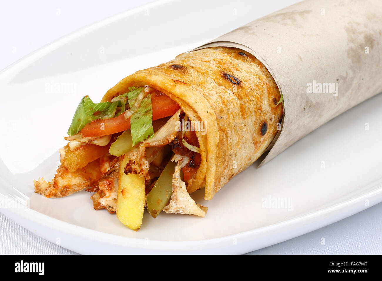 Tortilla wrap with meat and french fries. Turkish Shawarma Doner durum ...