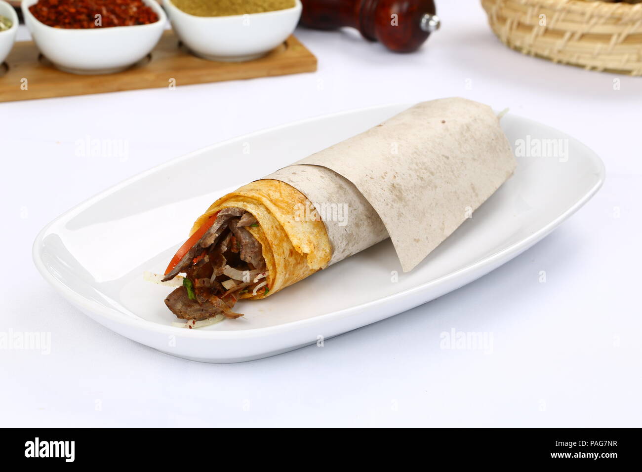 Tortilla wrap with meat and french fries. Turkish Shawarma Doner durum ...