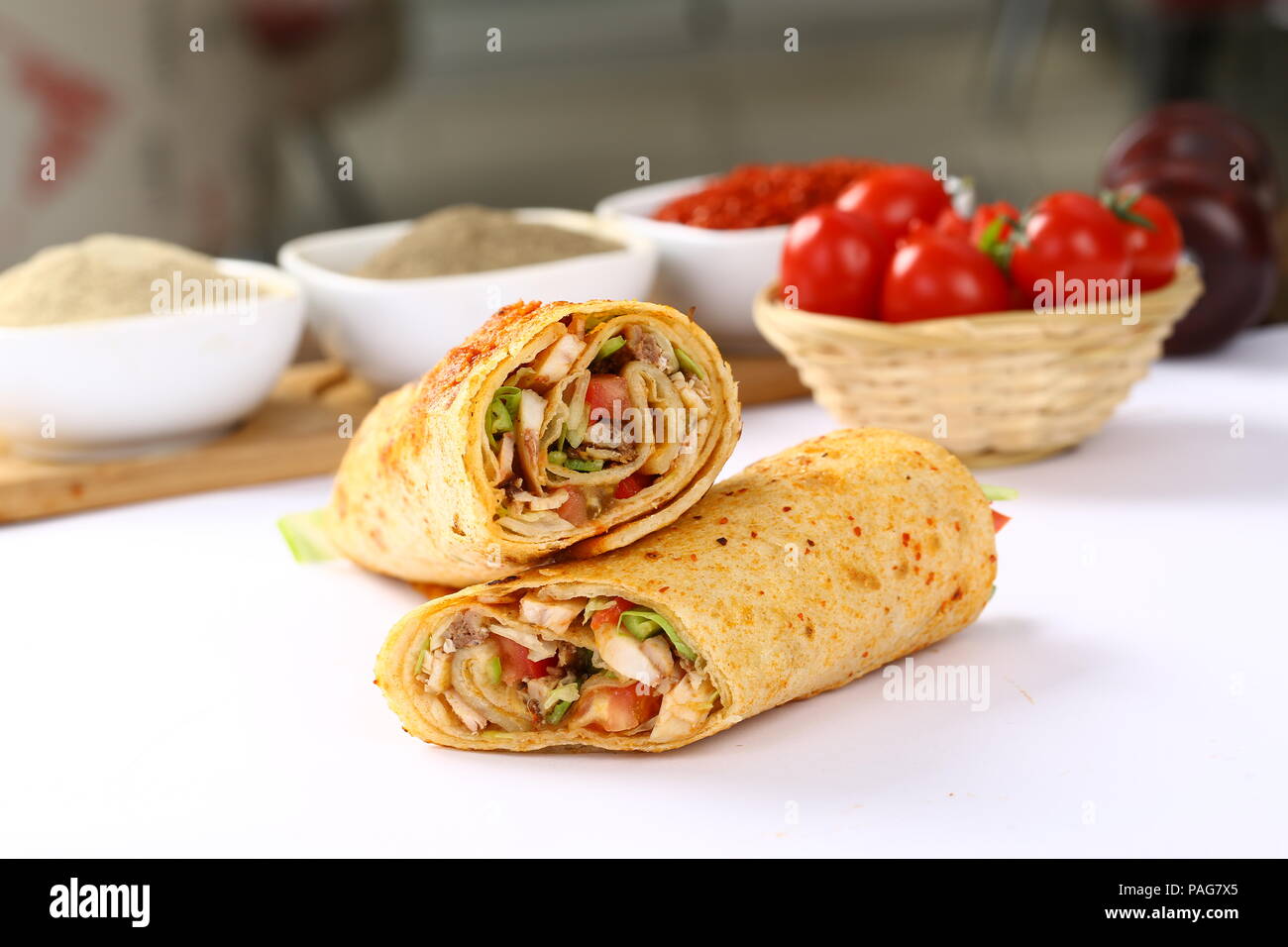 Tortilla wrap with meat and french fries. Turkish Shawarma Doner durum ...