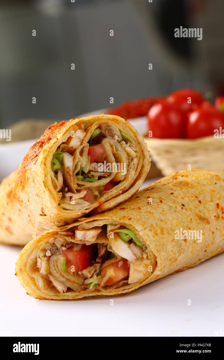 Tortilla wrap with meat and french fries. Turkish Shawarma Doner durum ...