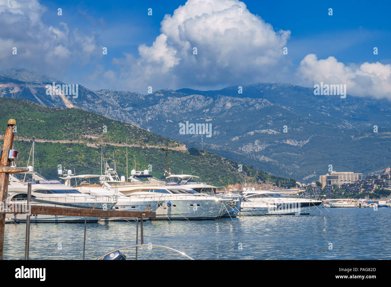 Port with boats and yachts parked in harbour of Budva Adriatic sea on a ...