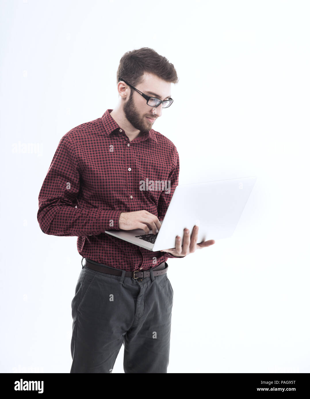 system administrator with a laptop against white background Stock Photo ...