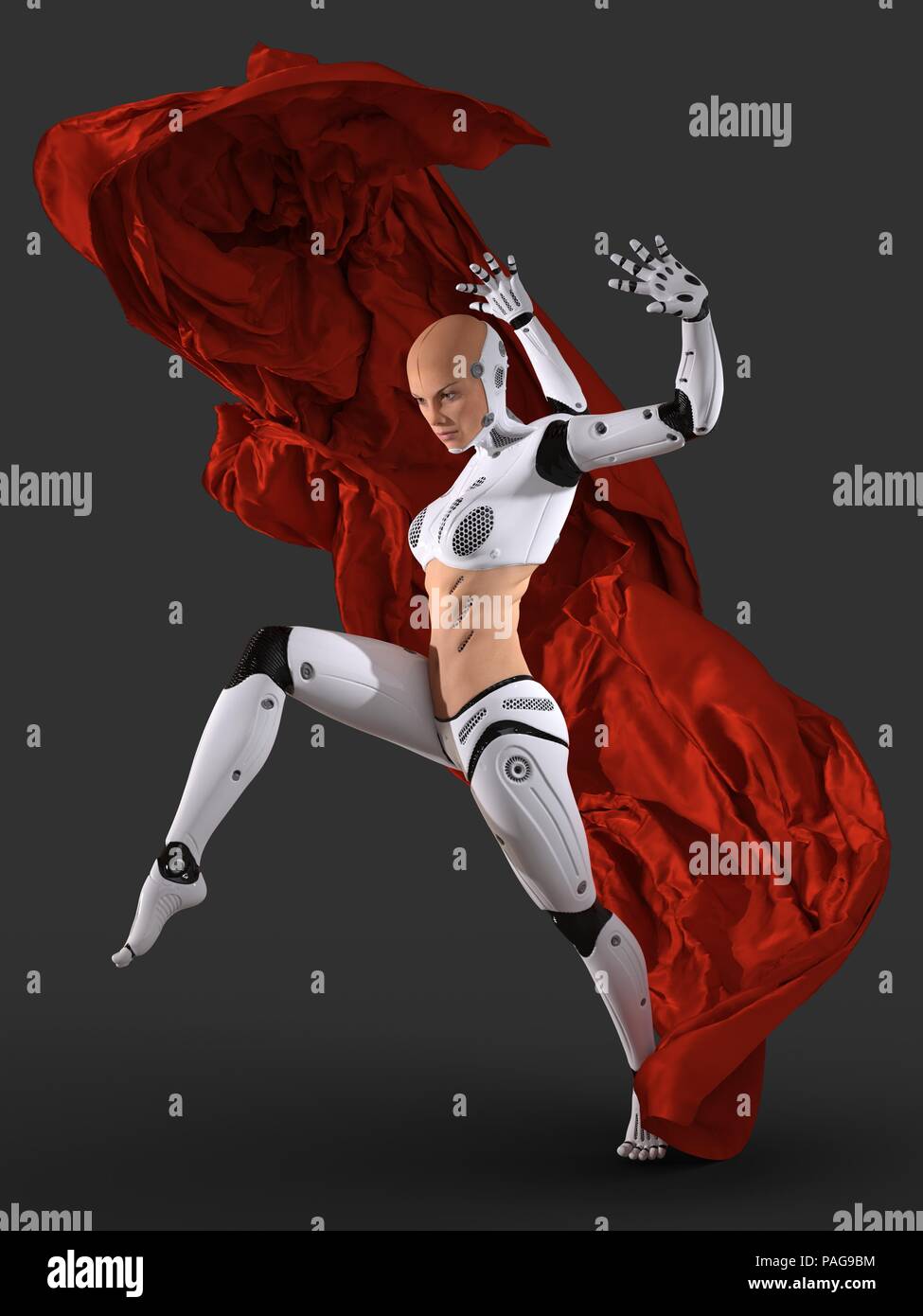 Woman cyborg dancing with a red cloth 3d illustration Stock Photo - Alamy