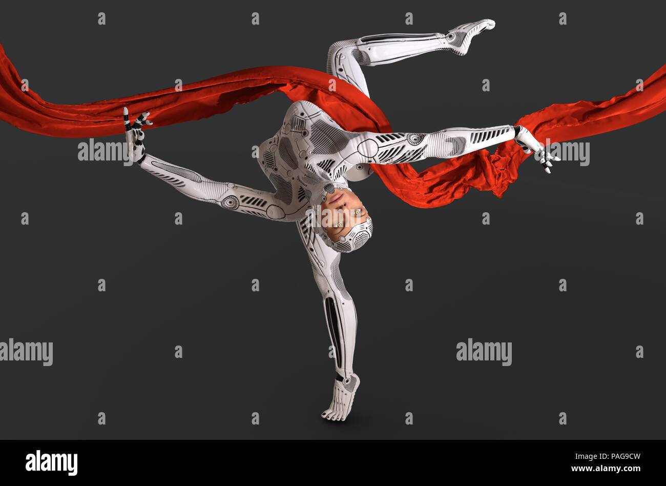 Woman cyborg dancing with a red cloth 3d illustration Stock Photo - Alamy