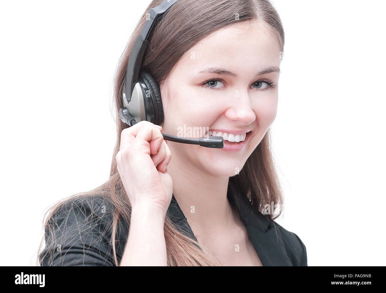 closeup. portrait of an employee call center sitting behind a Desk ...