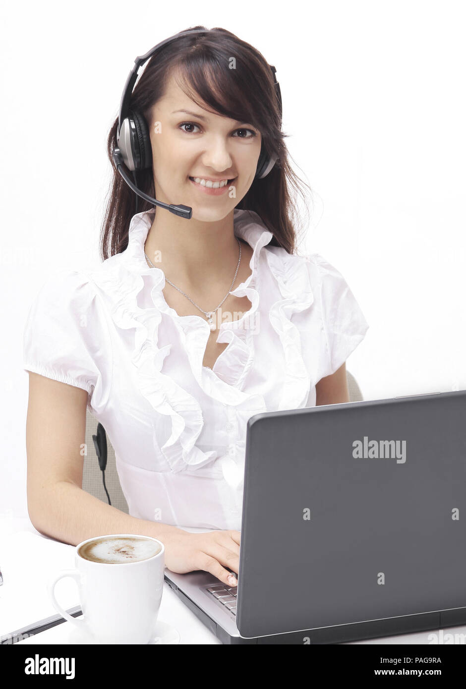 portrait of an employee call center sitting behind a Desk Stock Photo ...