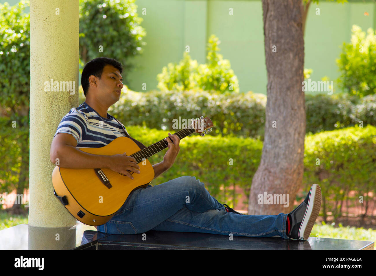 Young man sitting playing guitar under tree Stock Photo - Alamy