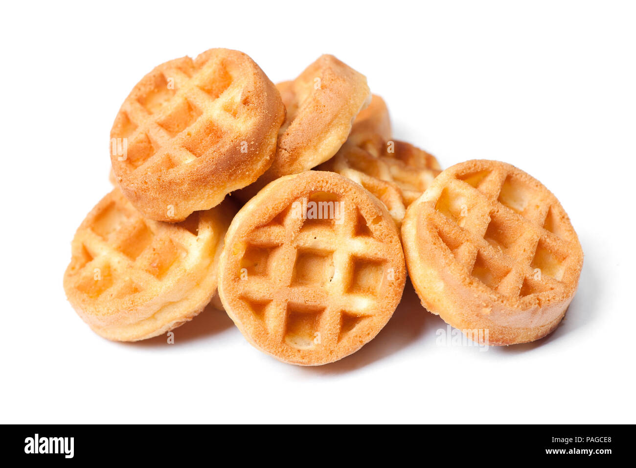Group of tasty round mini waffles isolated on white background Stock ...