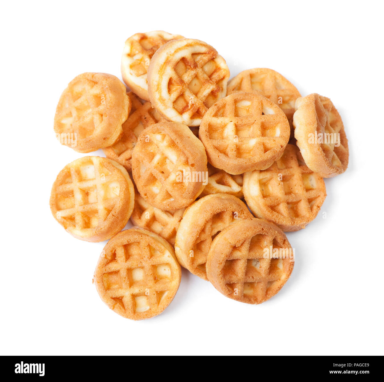 Group of tasty round mini waffles isolated on white background Stock ...