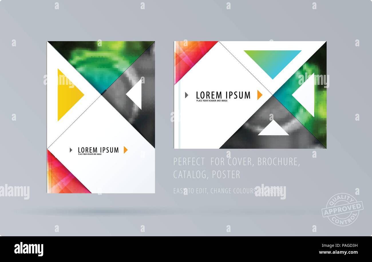 Brochure design triangular template. Colourful modern abstract set, annual report with shapes ...