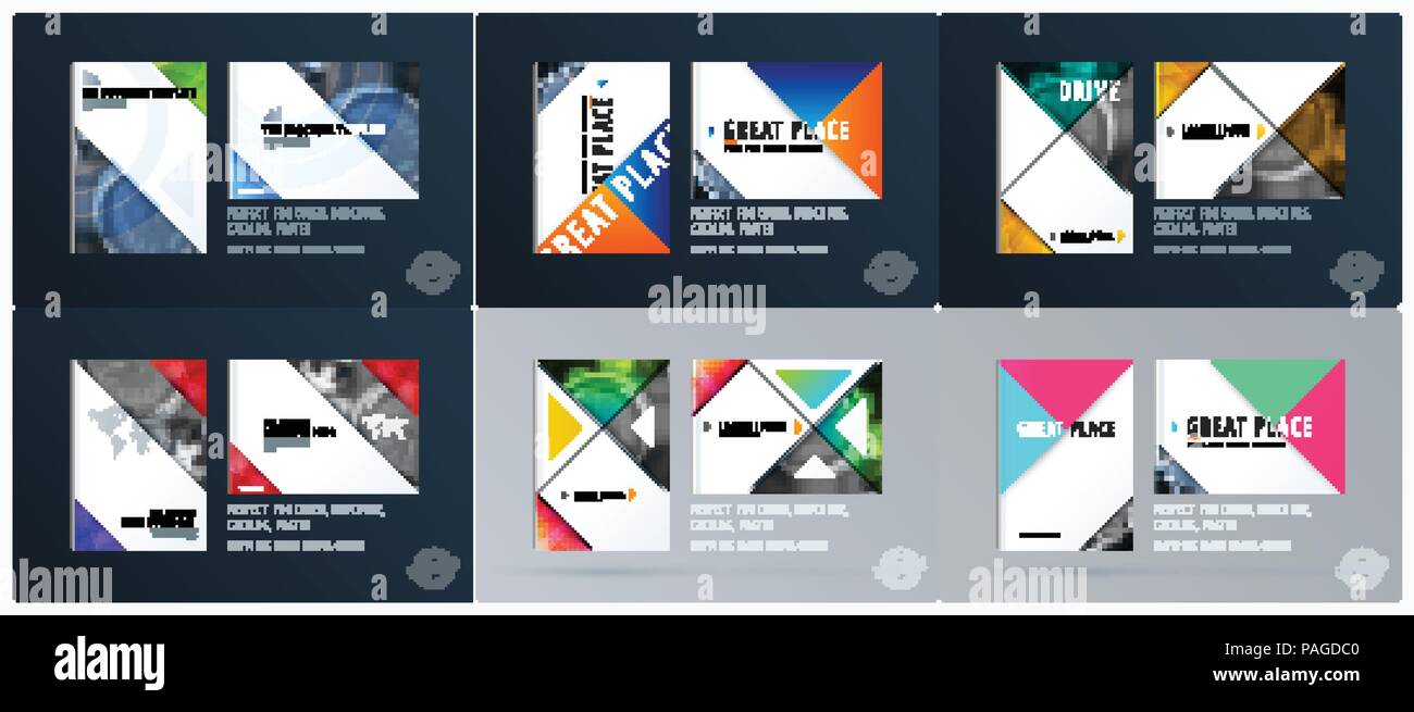 Brochure design triangular template. Colourful modern abstract set, annual report with shapes ...