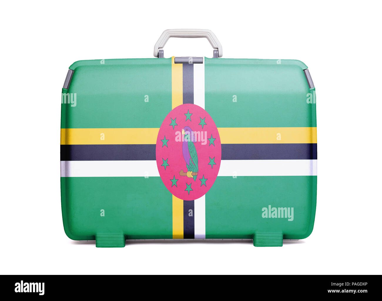 Used plastic suitcase with stains and scratches, printed with flag ...