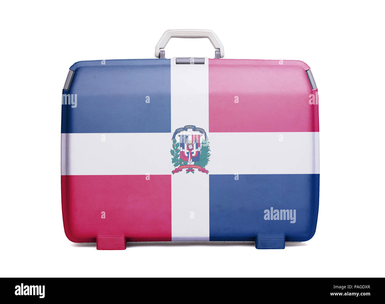 Used plastic suitcase with stains and scratches, printed with flag ...