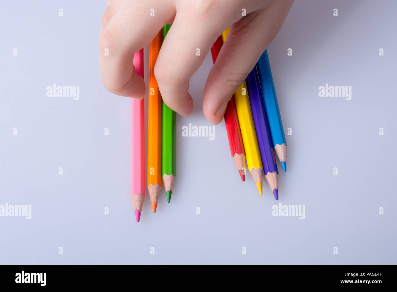 Hand holding color Pencils placed on a white background Stock Photo - Alamy