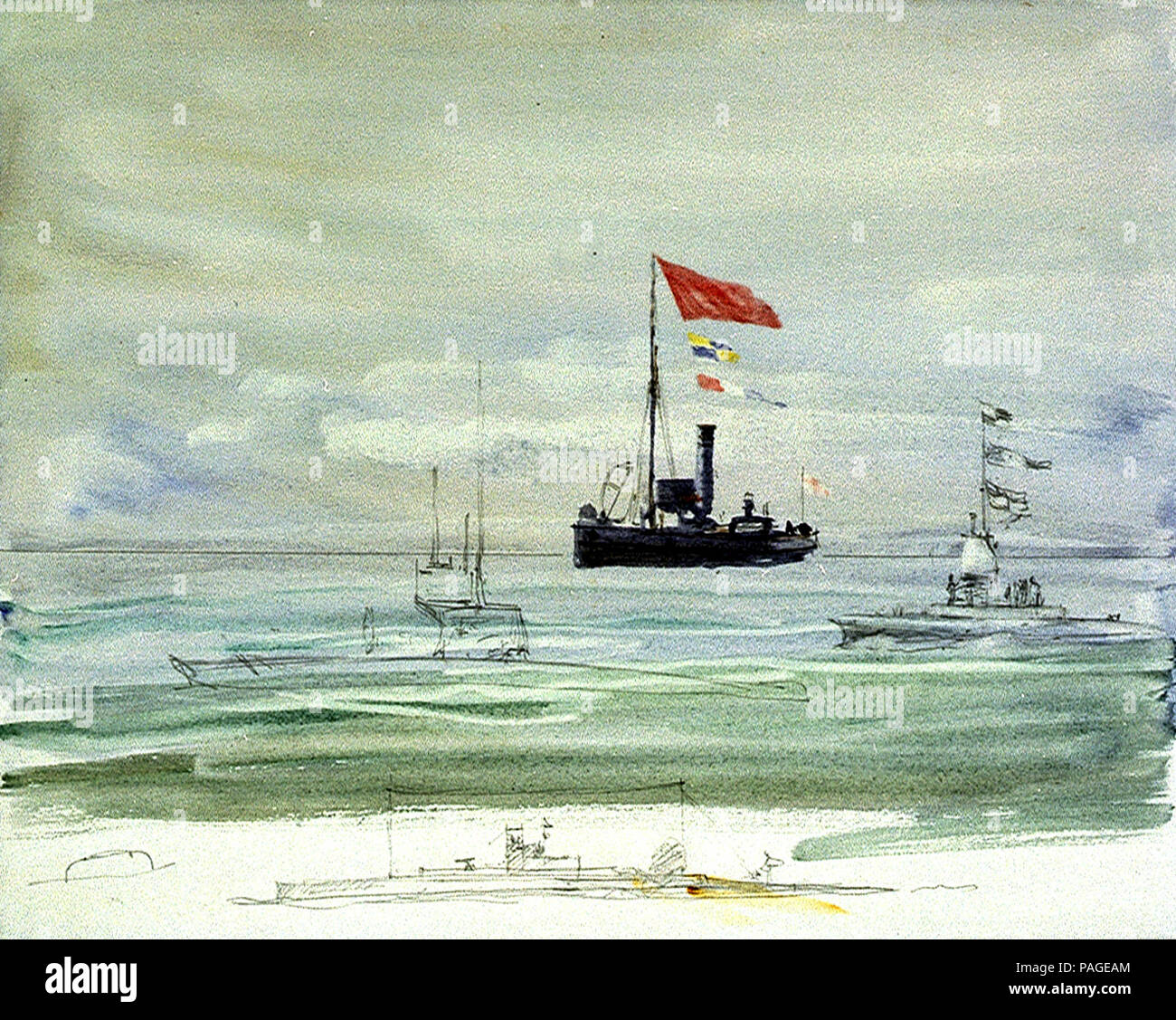 A sea-going tug with flags aloft and submarines, probably in exercise ...