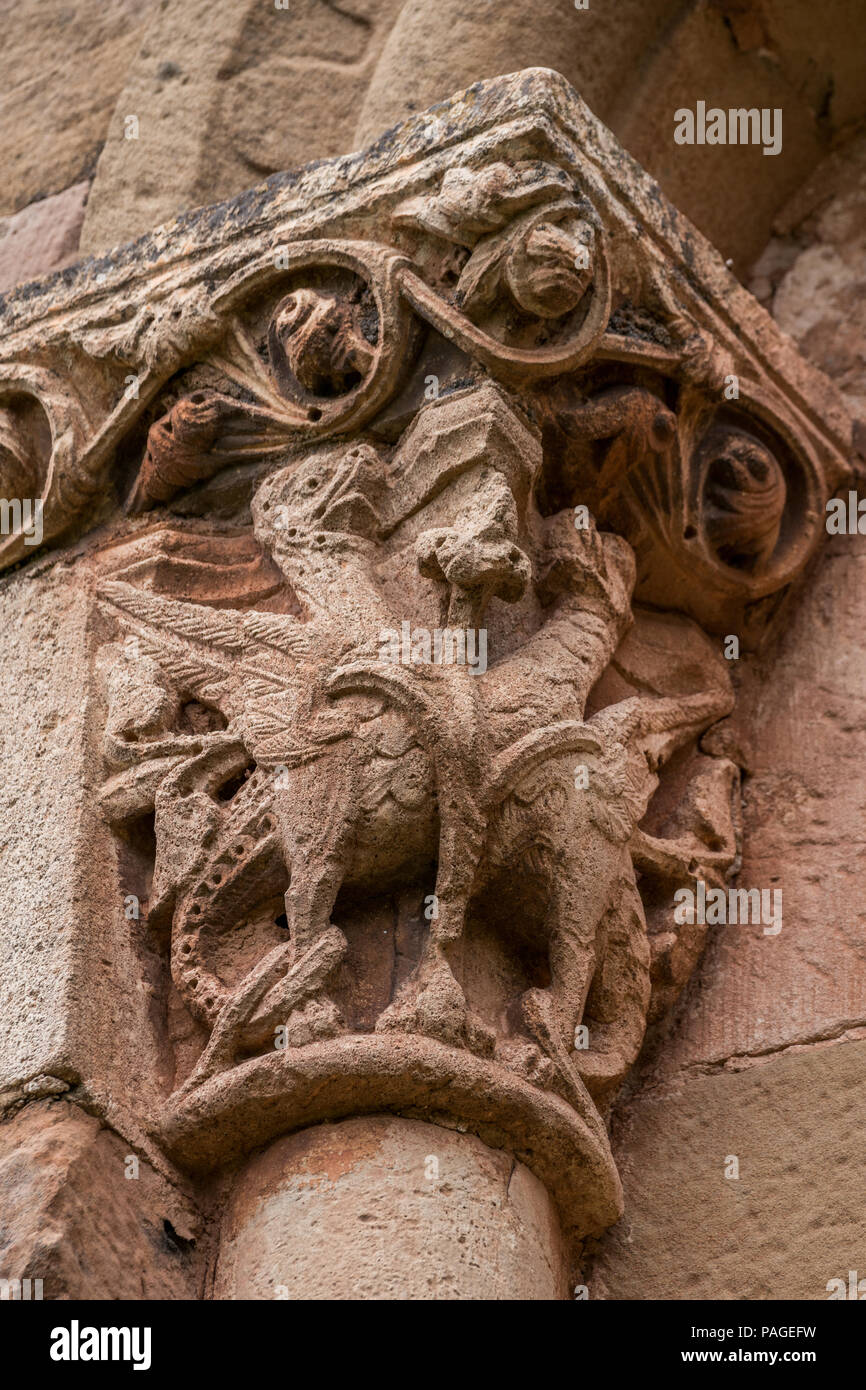 Capitals in the apse of Romanesque church San Andrés of 12th century in ...