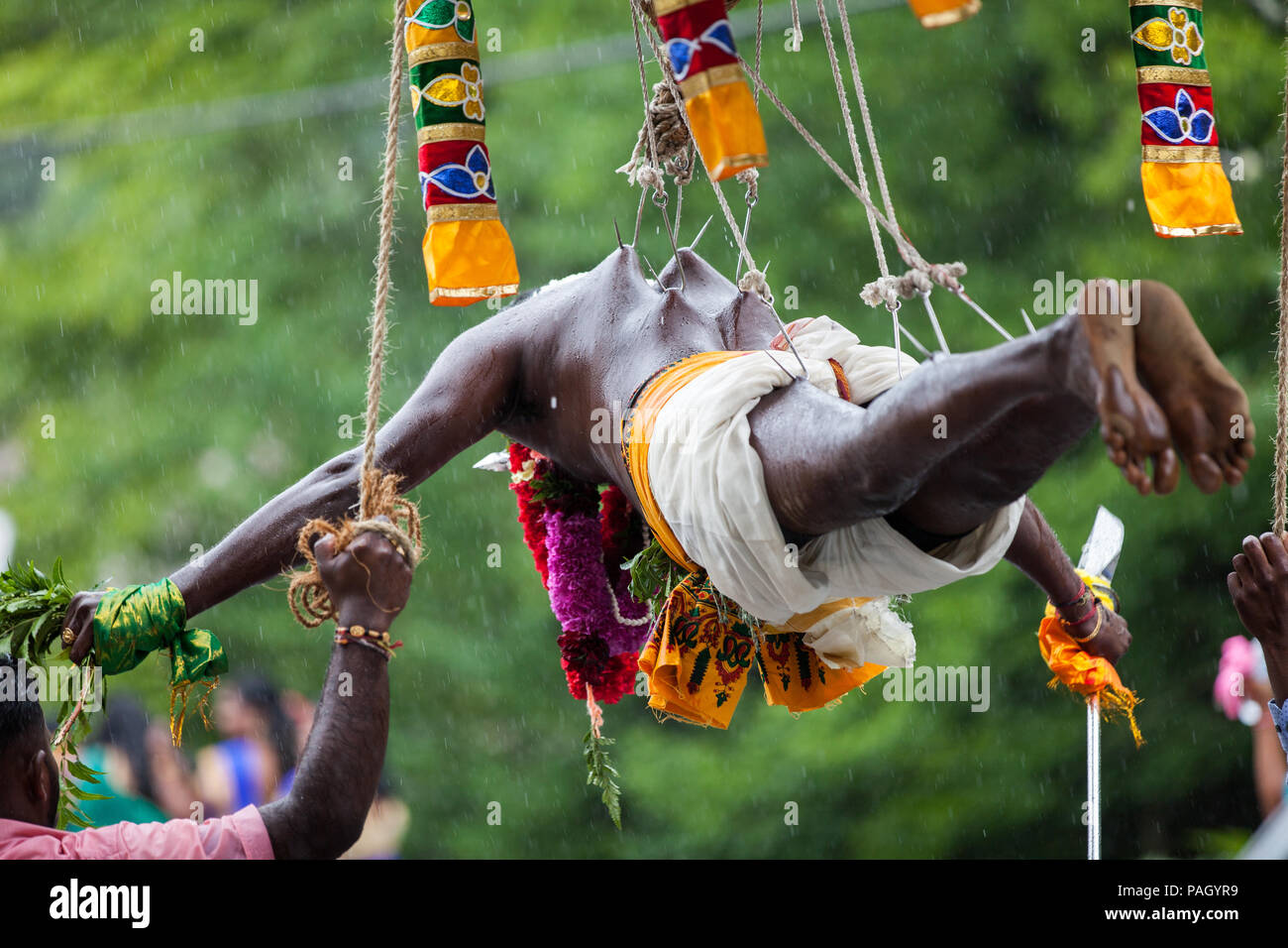 Val-Morin, Canada, July 22, 2018. A Hindu devotee is suspended by hooks ...