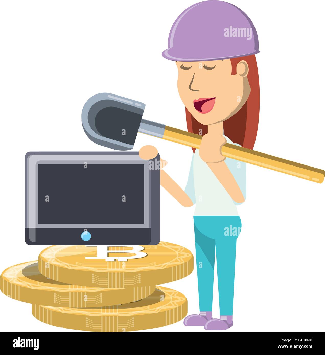 cryptocurrency mining design with laptop computer and stack of ...