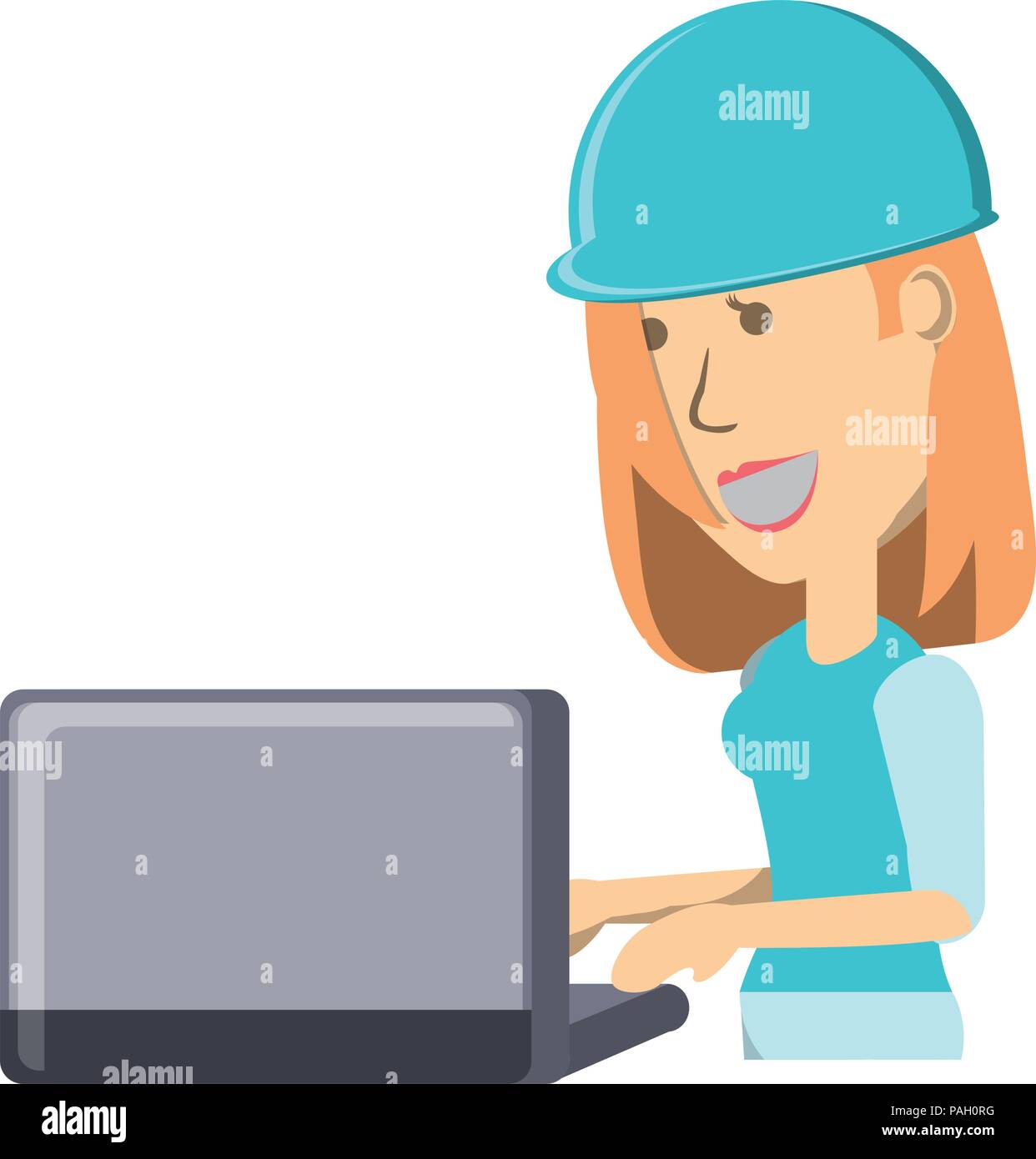 cartoon woman with safety helmet and using a laptop computer icon over ...
