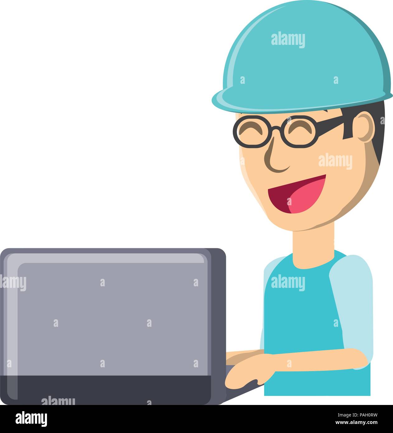 cartoon man with laptop computer icon over white background, vector ...