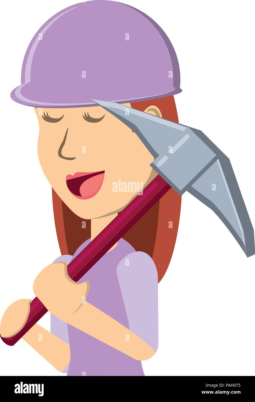 cartoon woman holding a pickaxe icon over white background, vector ...