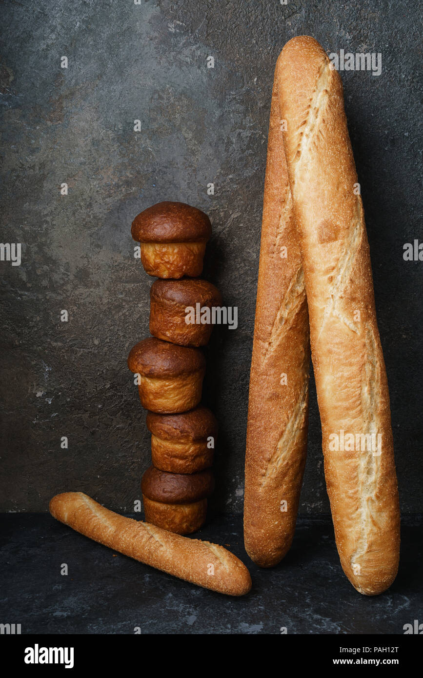 Mixed breads on stone table. Top view with copy space Stock Photo - Alamy